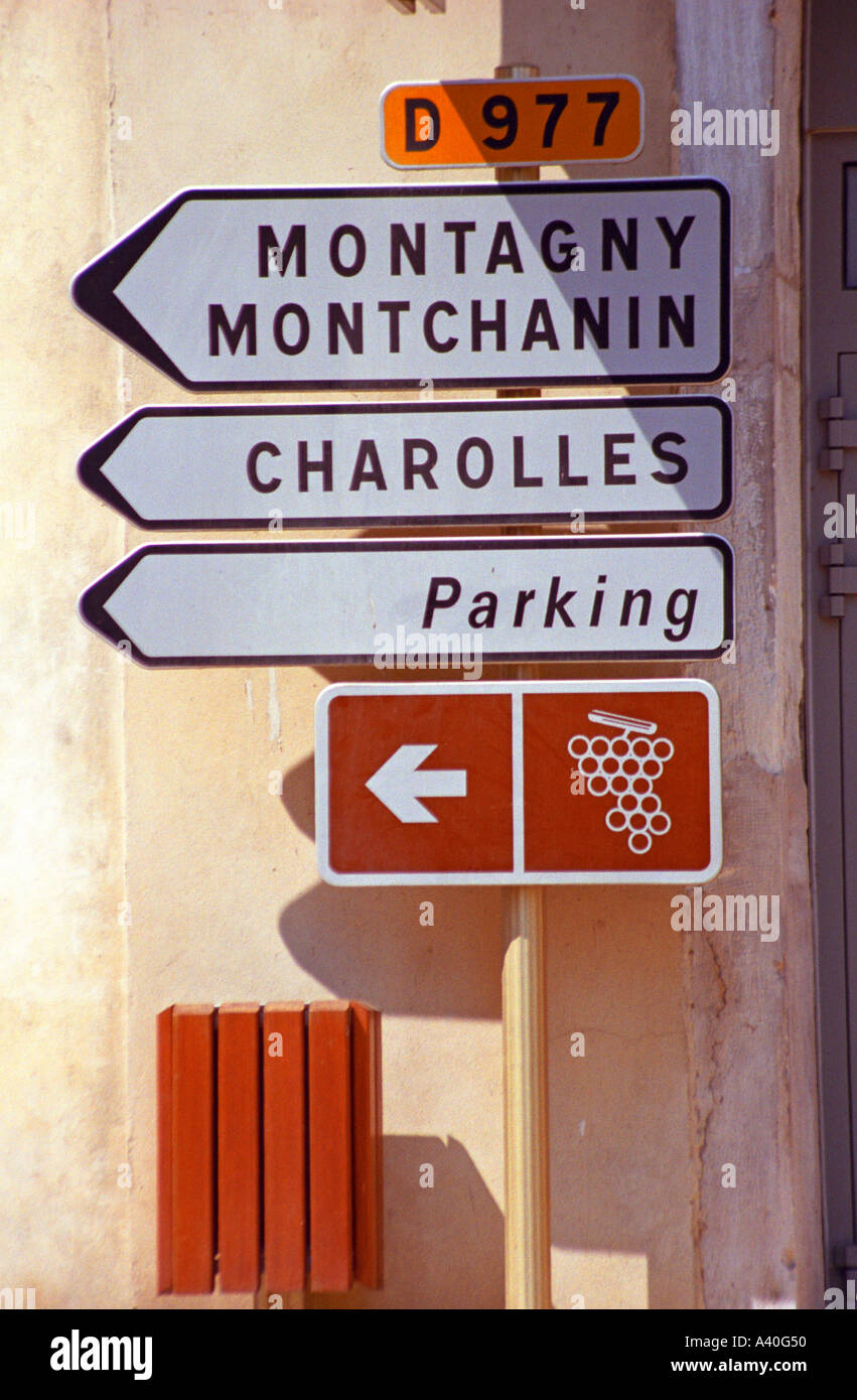 Road signs indicating the wine route (route de vin) and Montagny and ...