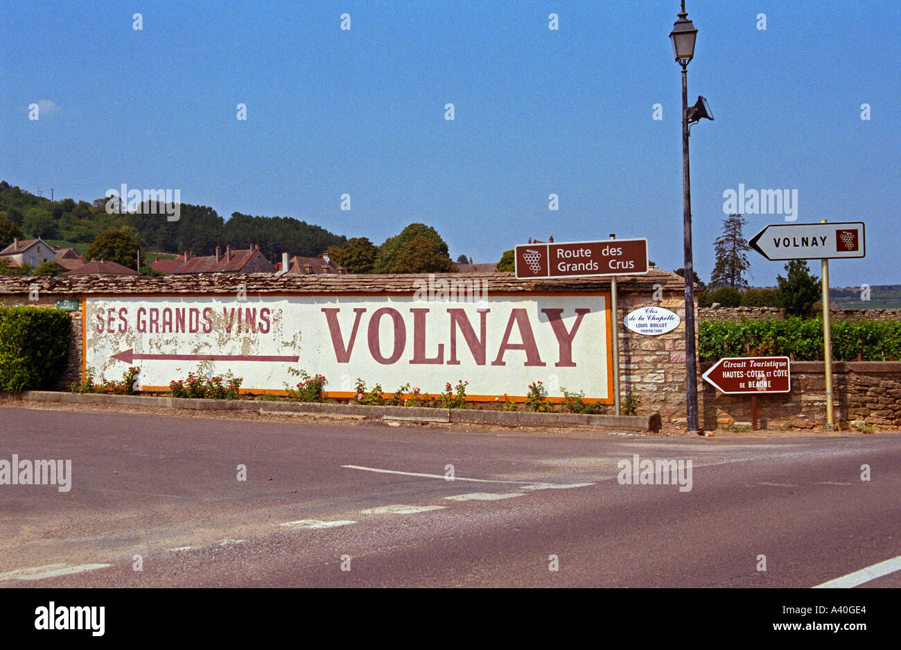 Road crossing in Meursault, signs indicating the wine route (route de ...