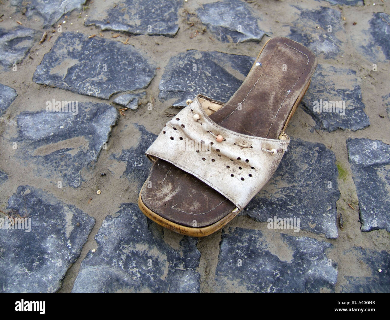 old sandal washed up on river bank Stock Photo - Alamy