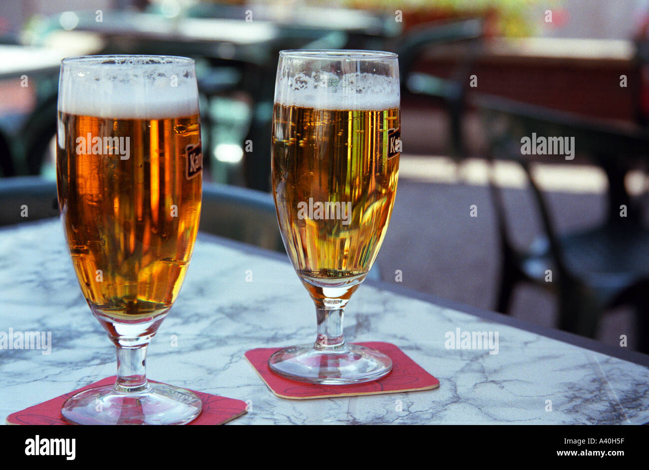 Chablis; two cool beers at 42 degrees hot summer day at a bar in the ...