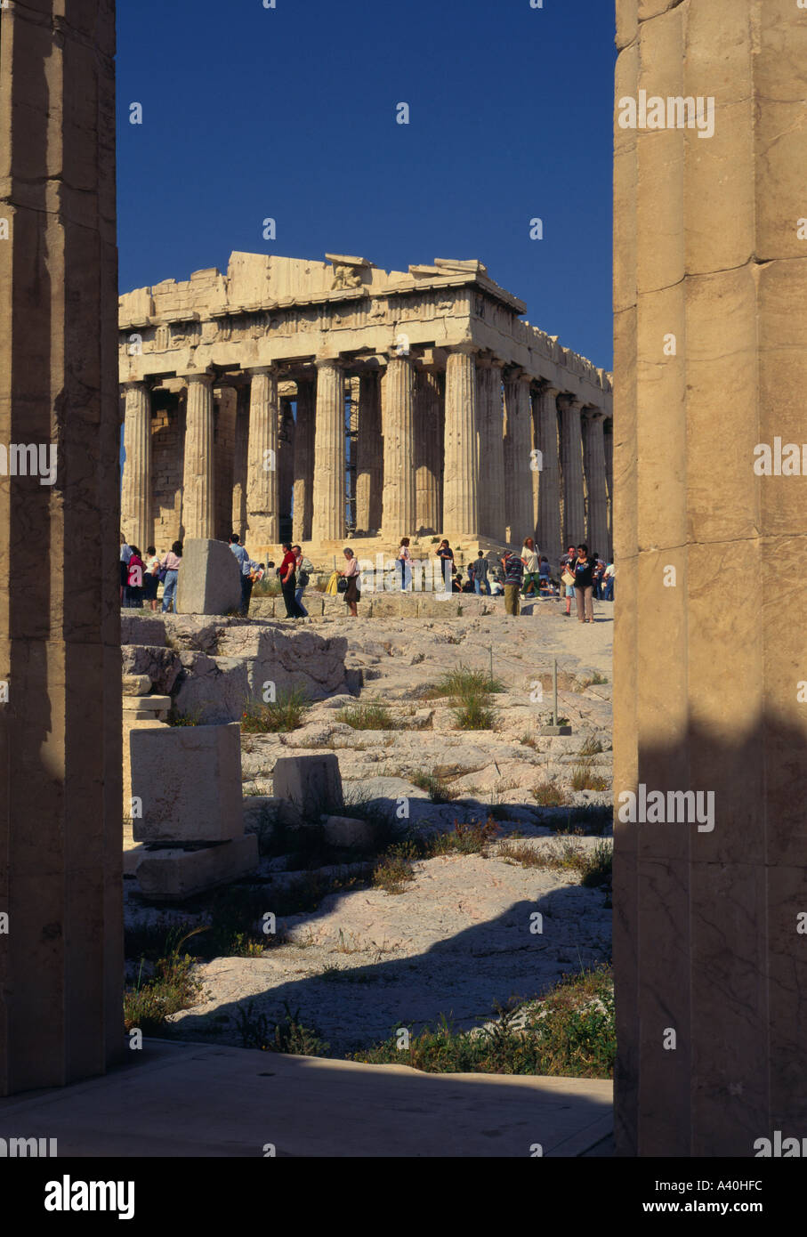 Greece Athenes Acropolis The parthenon view through columns vertical ...