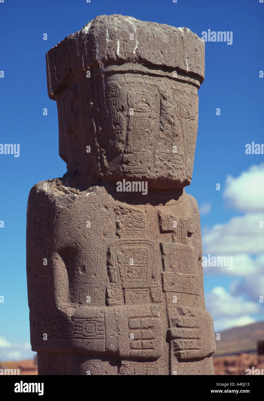 Bolivia Lake Titicaca area Tiahuanaco archeological site stone statue ...