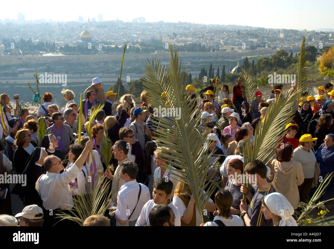 Israel Jerusalem Mount of Olives Palm Sunday Catholic procession crowd ...