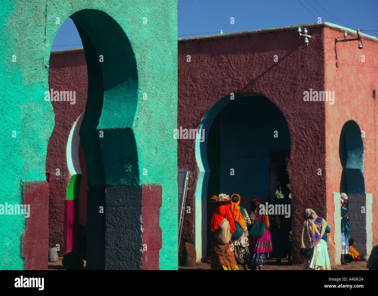 Ethiopia Harar food market green and pink arches with women Stock Photo ...