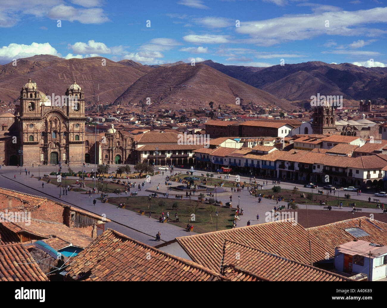 Peru Cuzco elevated view of Plaza de Armas with church of La Campana ...