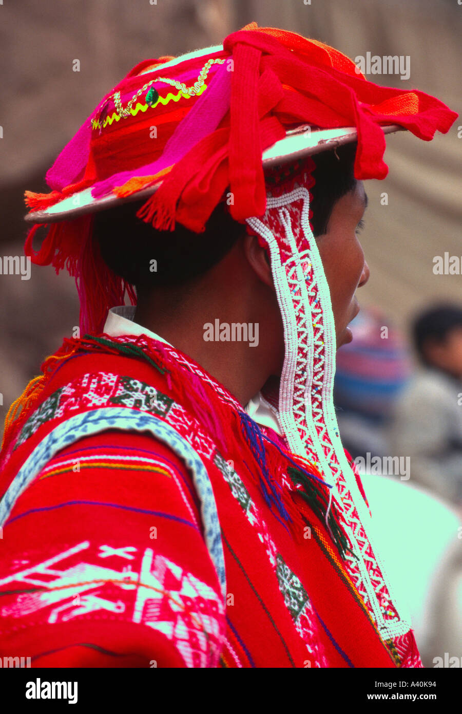 Peru Cuzco area Pisac portrait of an indian man wearing traditional ...