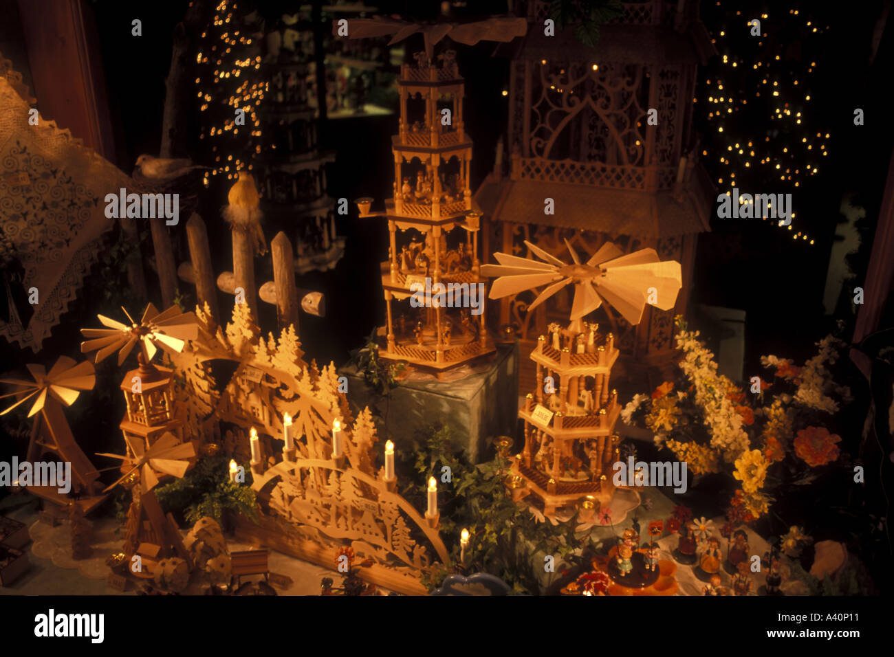 German wooden toy store in Rothenburg lit up at midnight Stock Photo ...