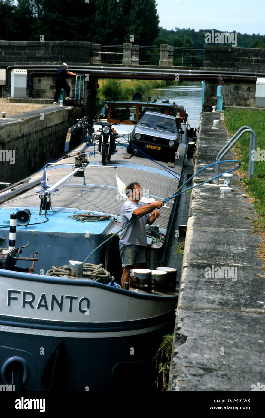 Marne Canal River French France lock boat Stock Photo - Alamy