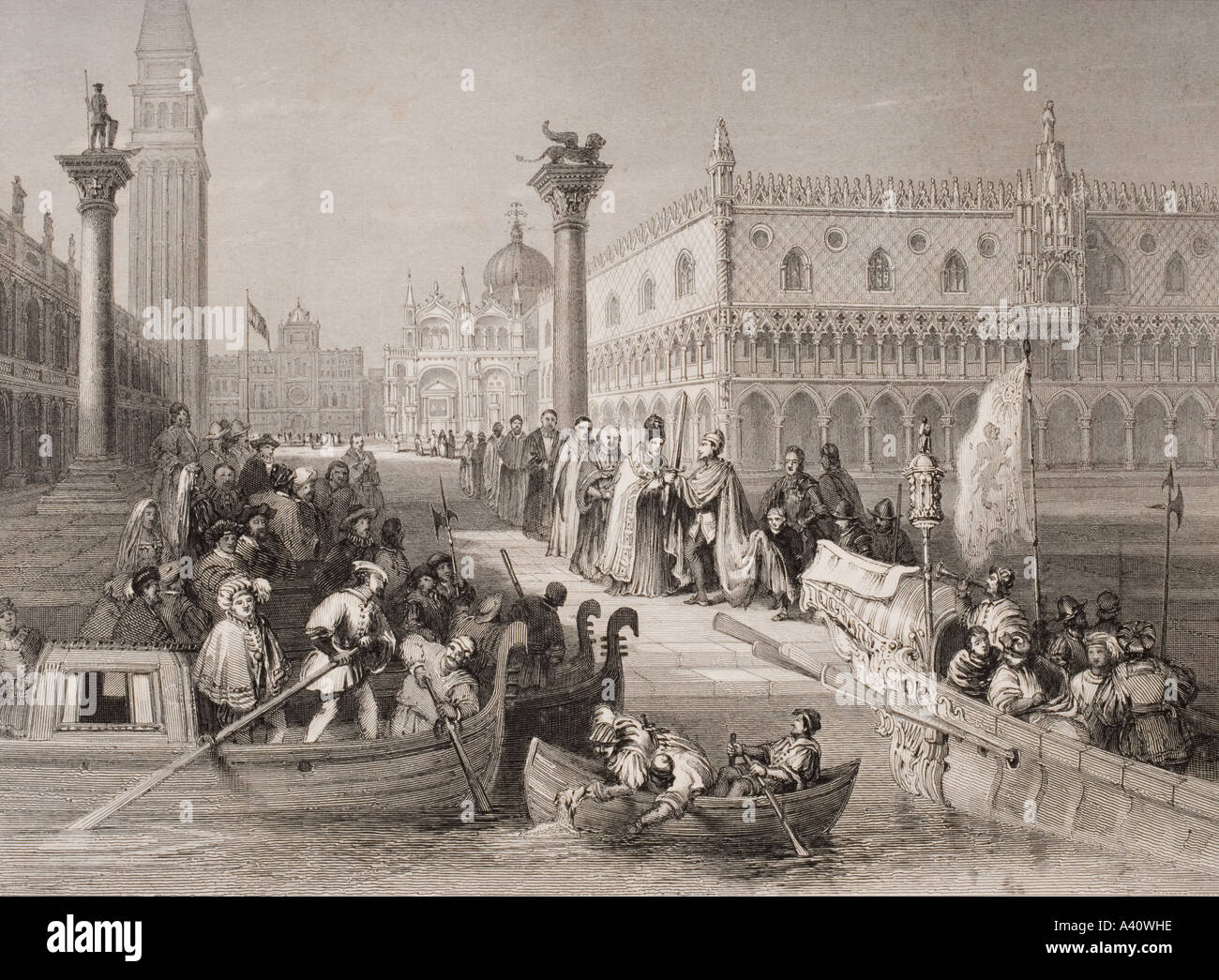 Venice, Italy, the Embarkation of the Doge. Engraved by Challis after ...
