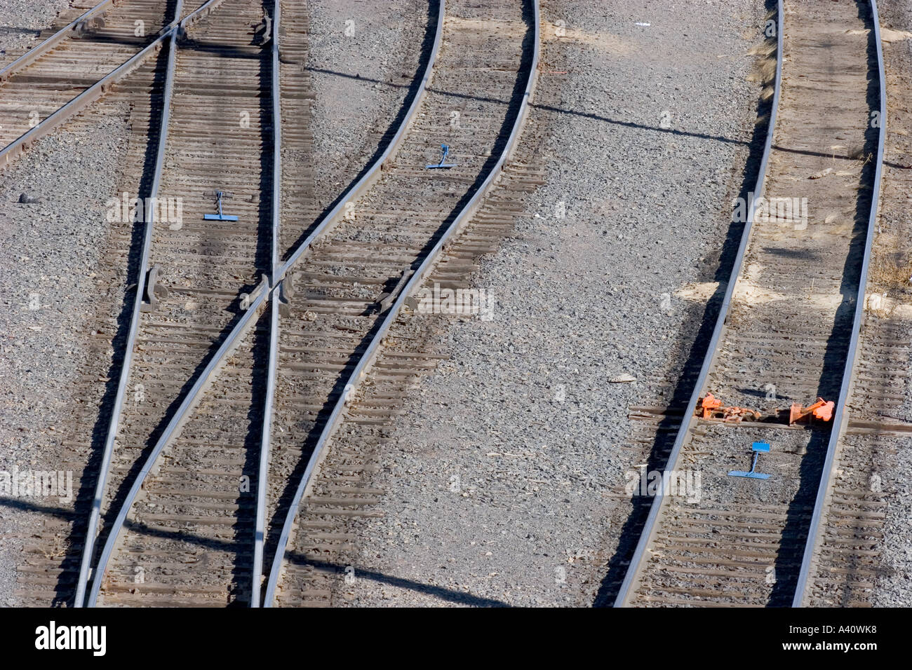 Crop of train tracks in train yard Stock Photo - Alamy