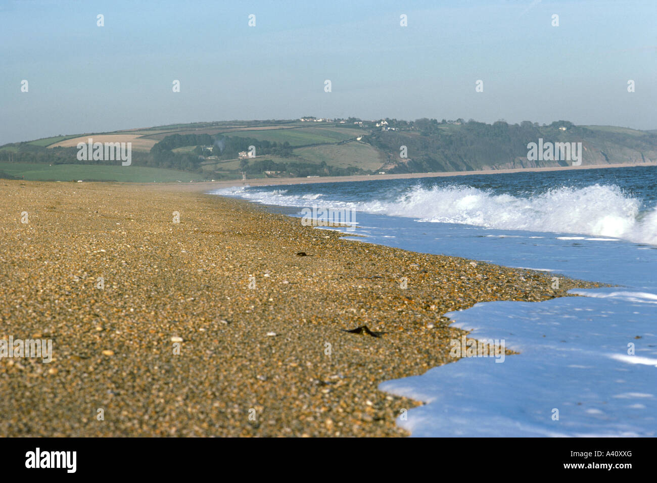 Shingle bar at Slapton Devon separating freshwater lagoon from the sea ...