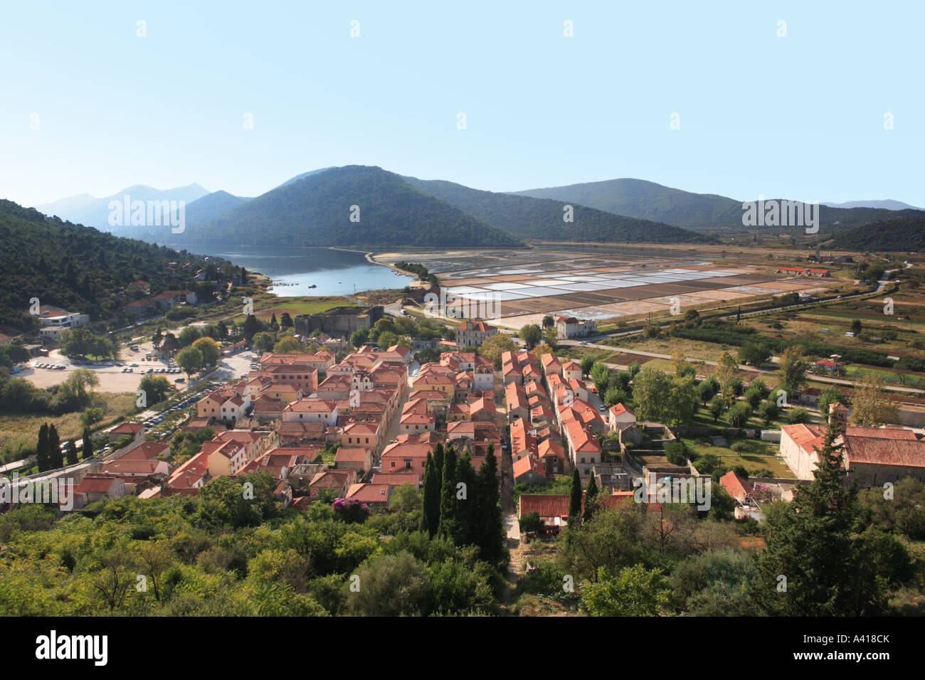 A view of Ston Village and it's salty fields from from the main ...