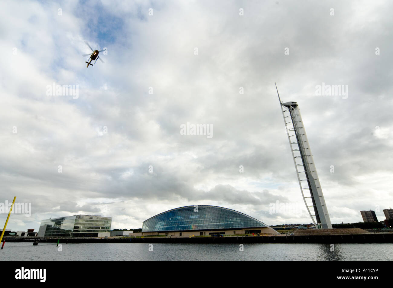 A police helicopter flying over the Scottish Science Center Stock Photo ...