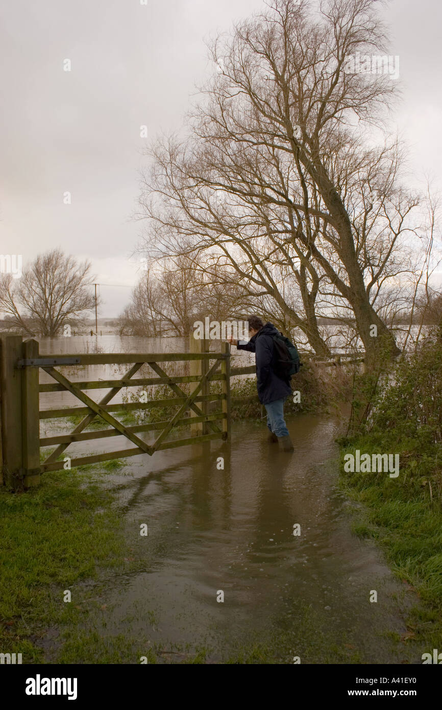 Walker on country footpath flooded after heavy rain Stock Photo - Alamy