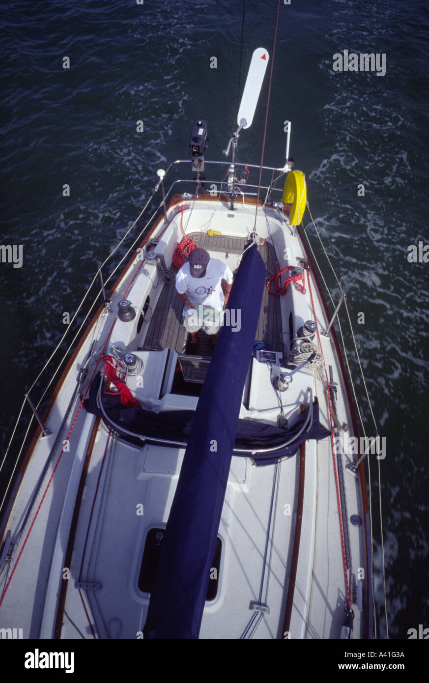 View from above into the cockpit aft section of a sailing yacht under ...