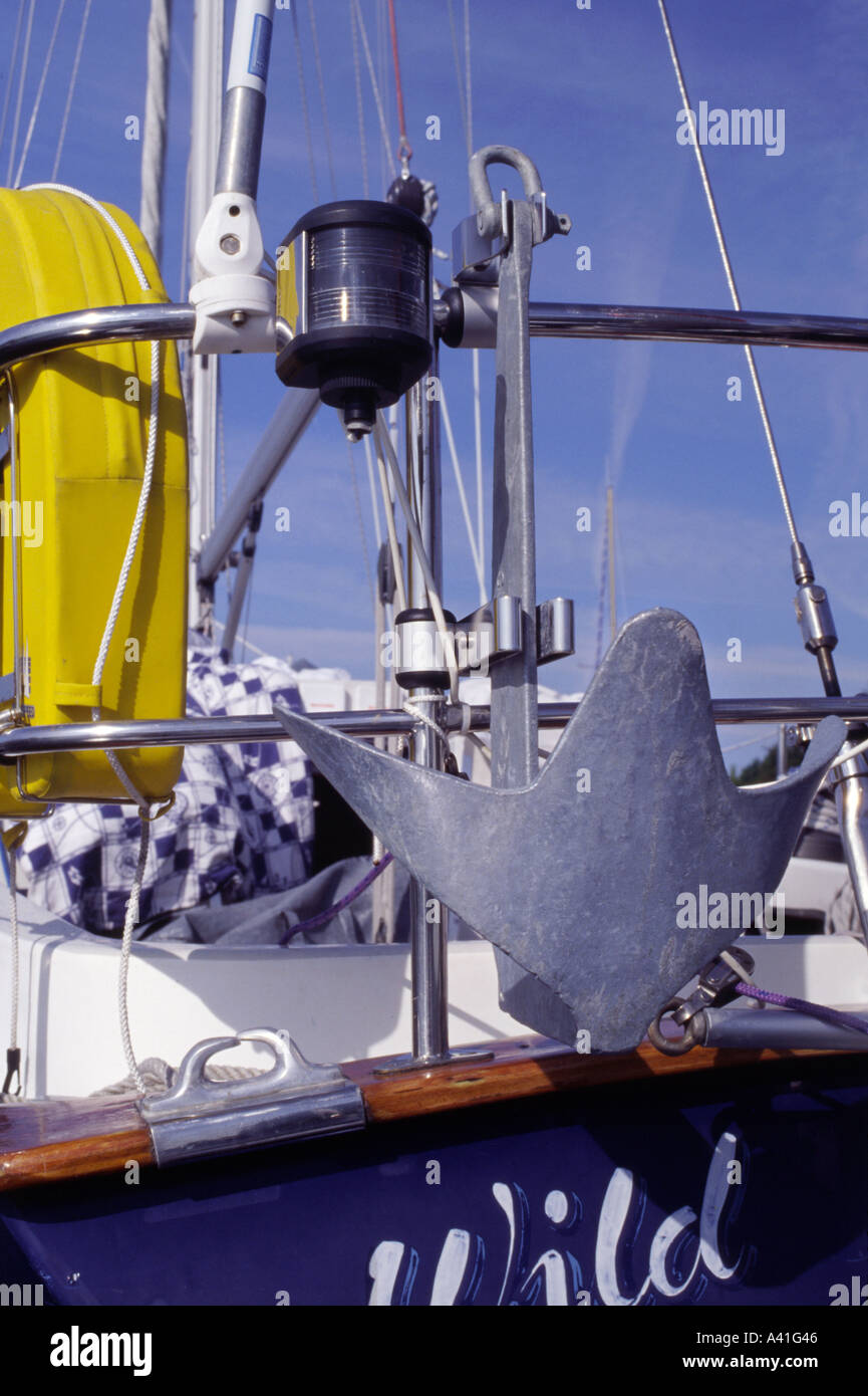 A Bruce anchor mounted on a pushpit sternrail of a sailing yacht Stock ...