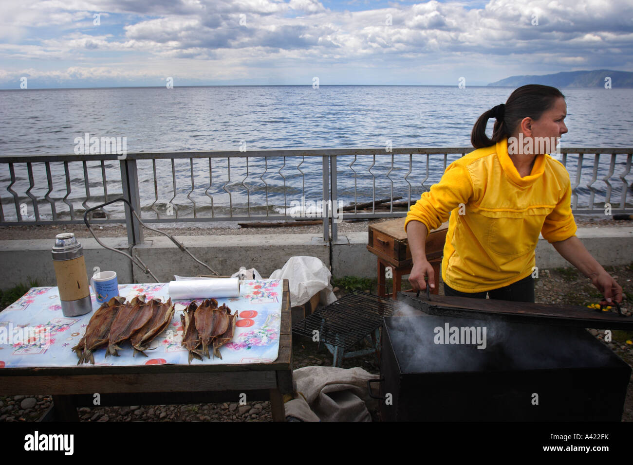 Smoking Omul by Lake Baikal, Listvyanka, Siberia, Russia Stock Photo ...