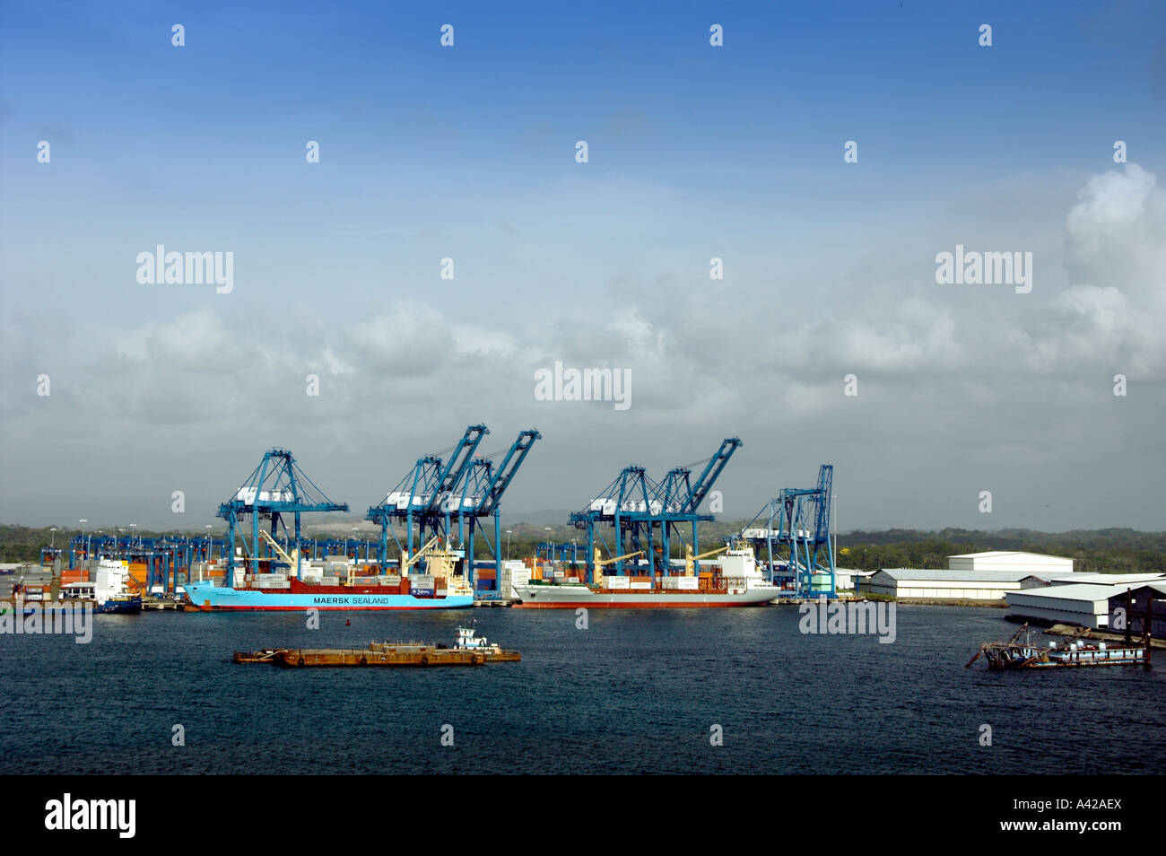 Container port facilities near the entrance to the Panama Canal at ...