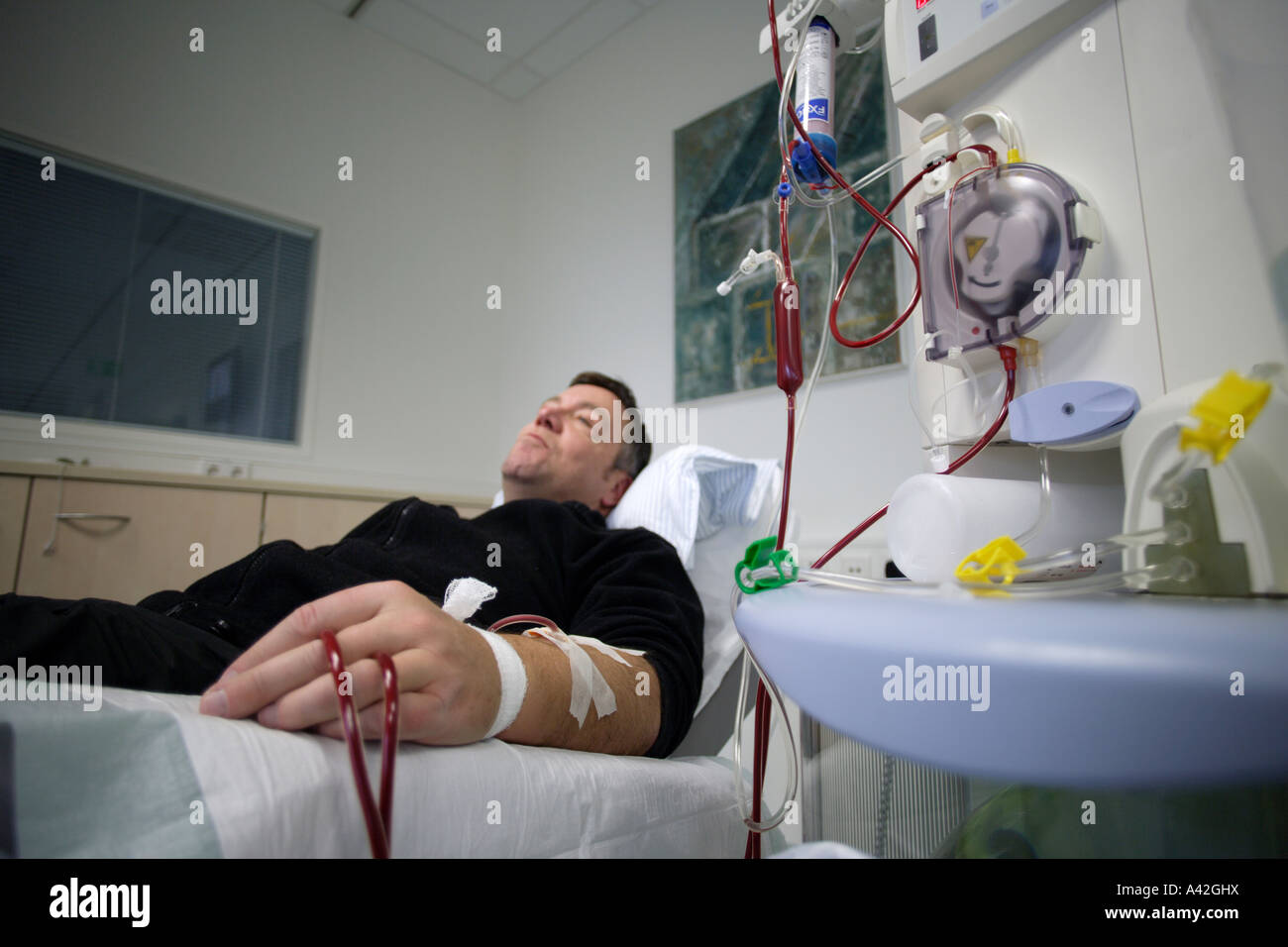 Patient during his dialysis in the dialysis centre in the Dominikus ...