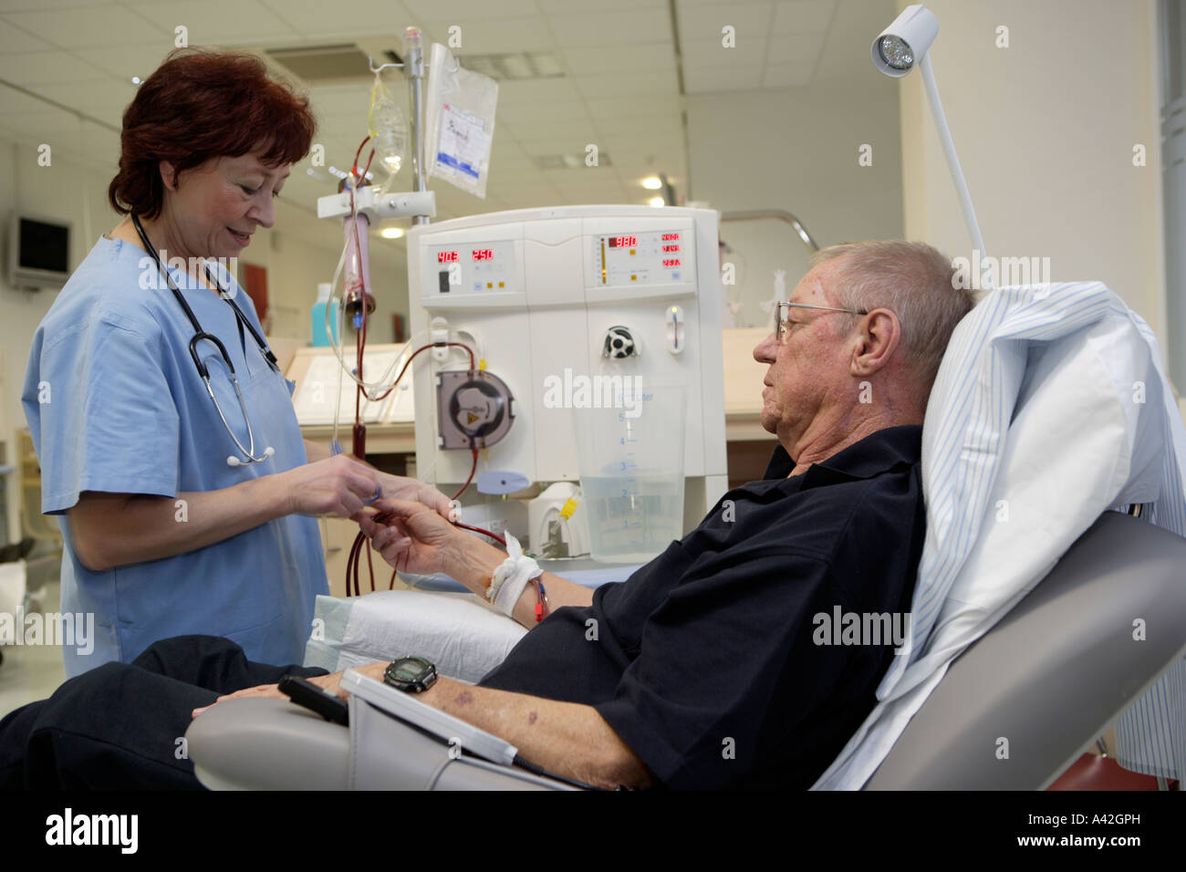 Patient during his dialysis in the dialysis centre in the Dominikus ...