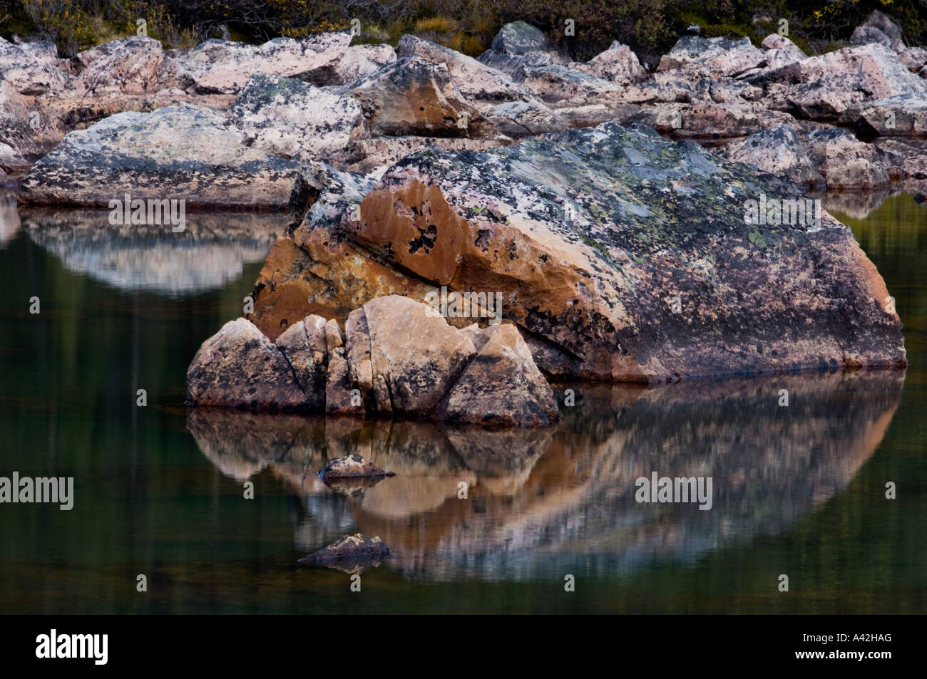 Quartzite boulders and reflections in small pond, Jasper National Park ...