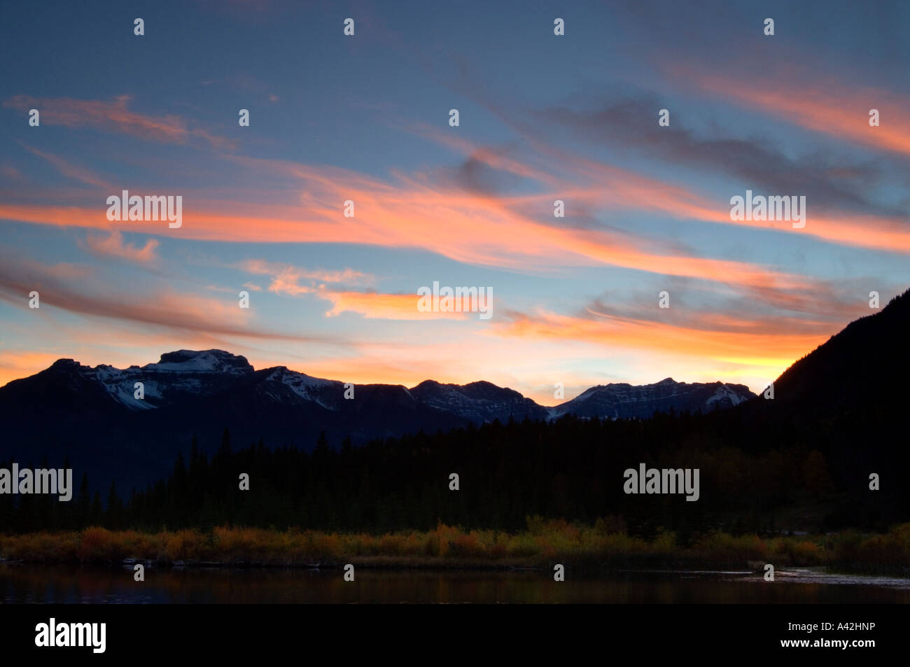Sunset light on clouds over ridges, Banff National Park, Alberta ...