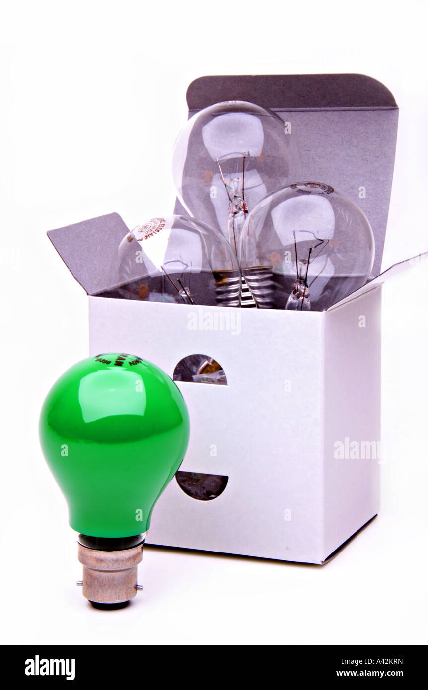 Green light bulb and box of bulbs. Creativity and out the box thinking ...
