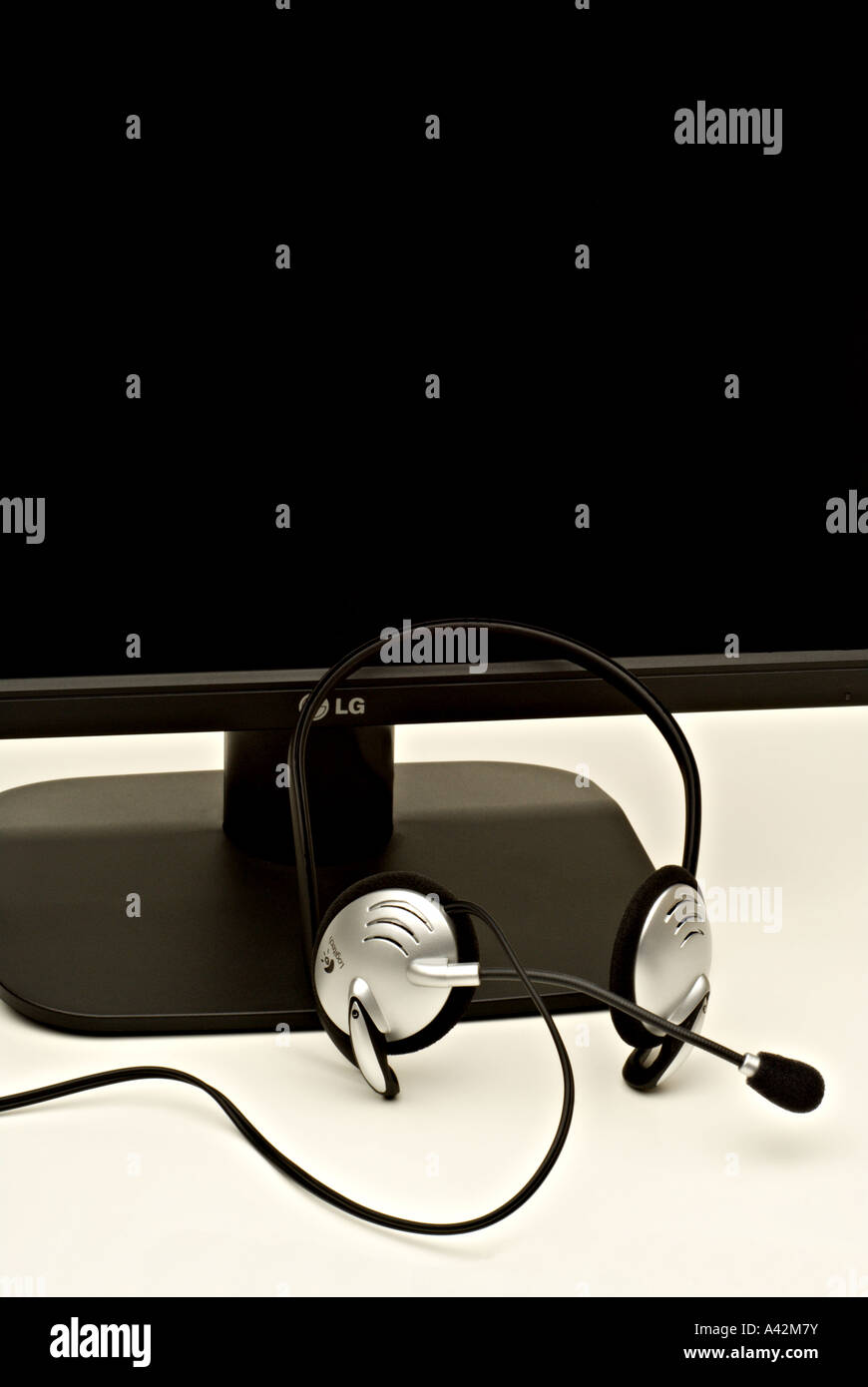 Computer Monitor with head phone Call Centre Stock Photo - Alamy