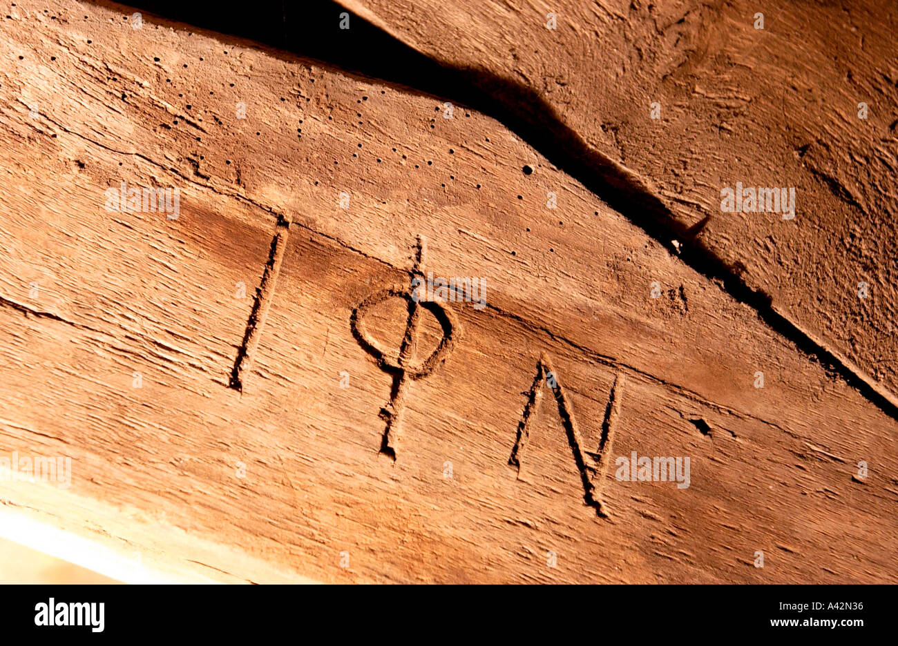 Salisbury Cathedral roof with 13th century lettering Stock Photo - Alamy