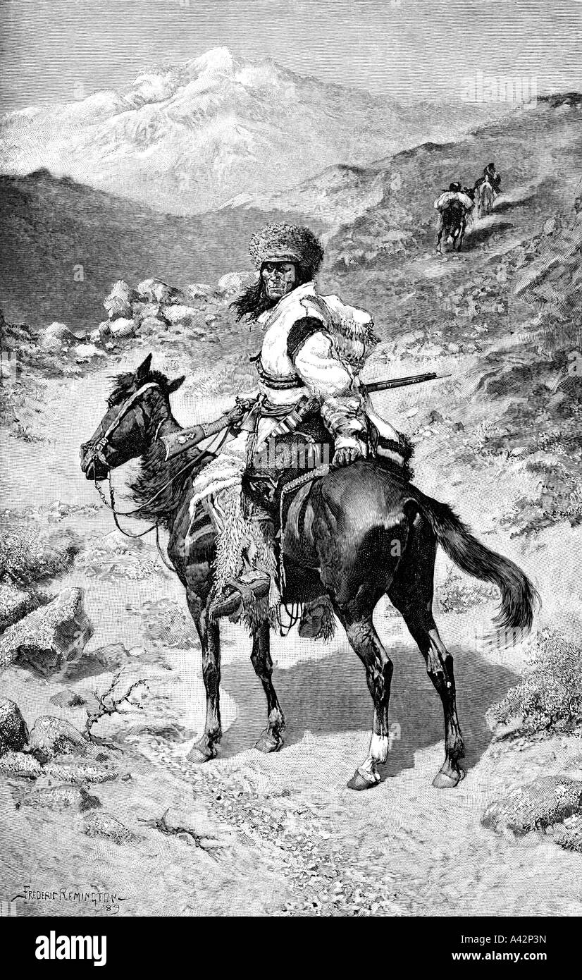 engraving of a 19th century Native American trapper on a horse Stock ...