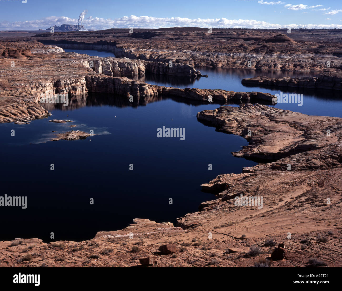 View of Lake Powell and the Navajo power plant in the background Stock ...