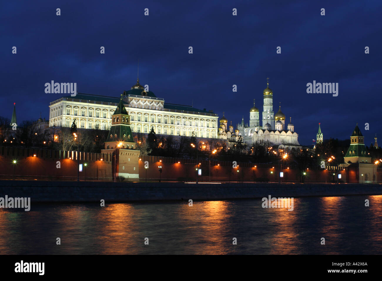 View of the Kremlin wall, towers, cathedral churches and Great Kremlin ...