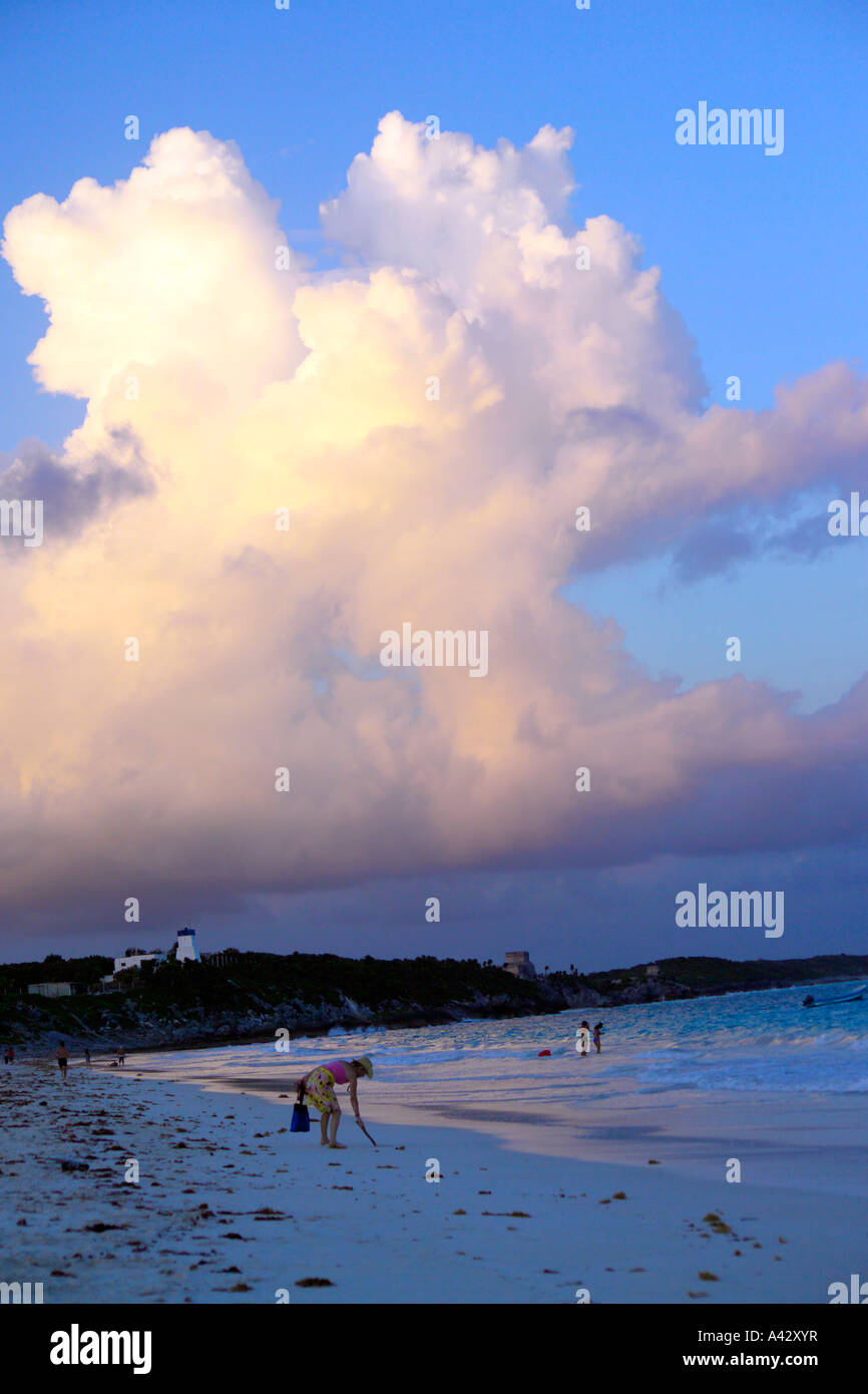 Sunset at Tulum, woman on the beach, Quintana Roo State Yucatan ...