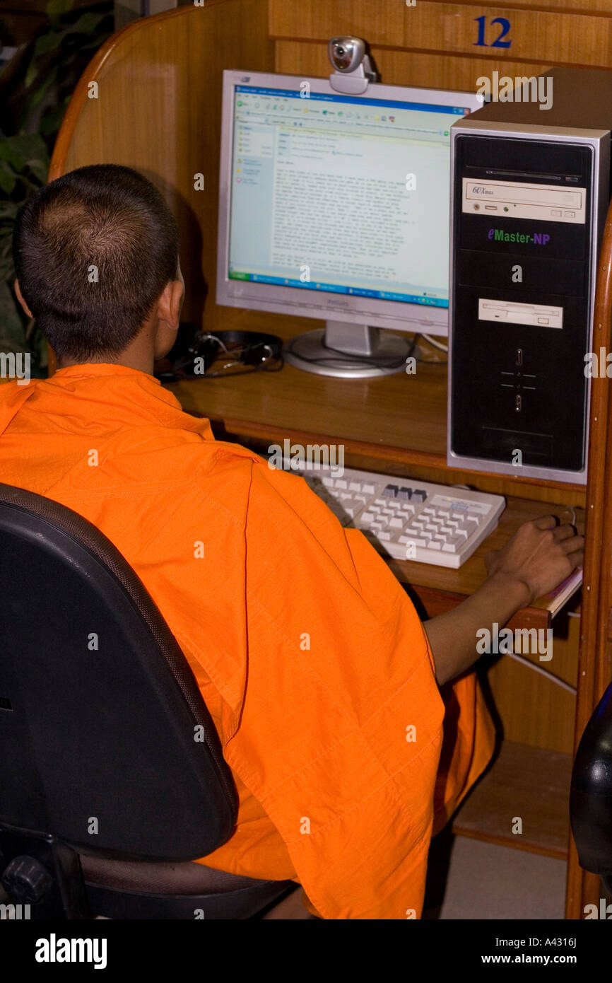 Novice Monk Using an Internet Compter Vientiane Laos Stock Photo - Alamy