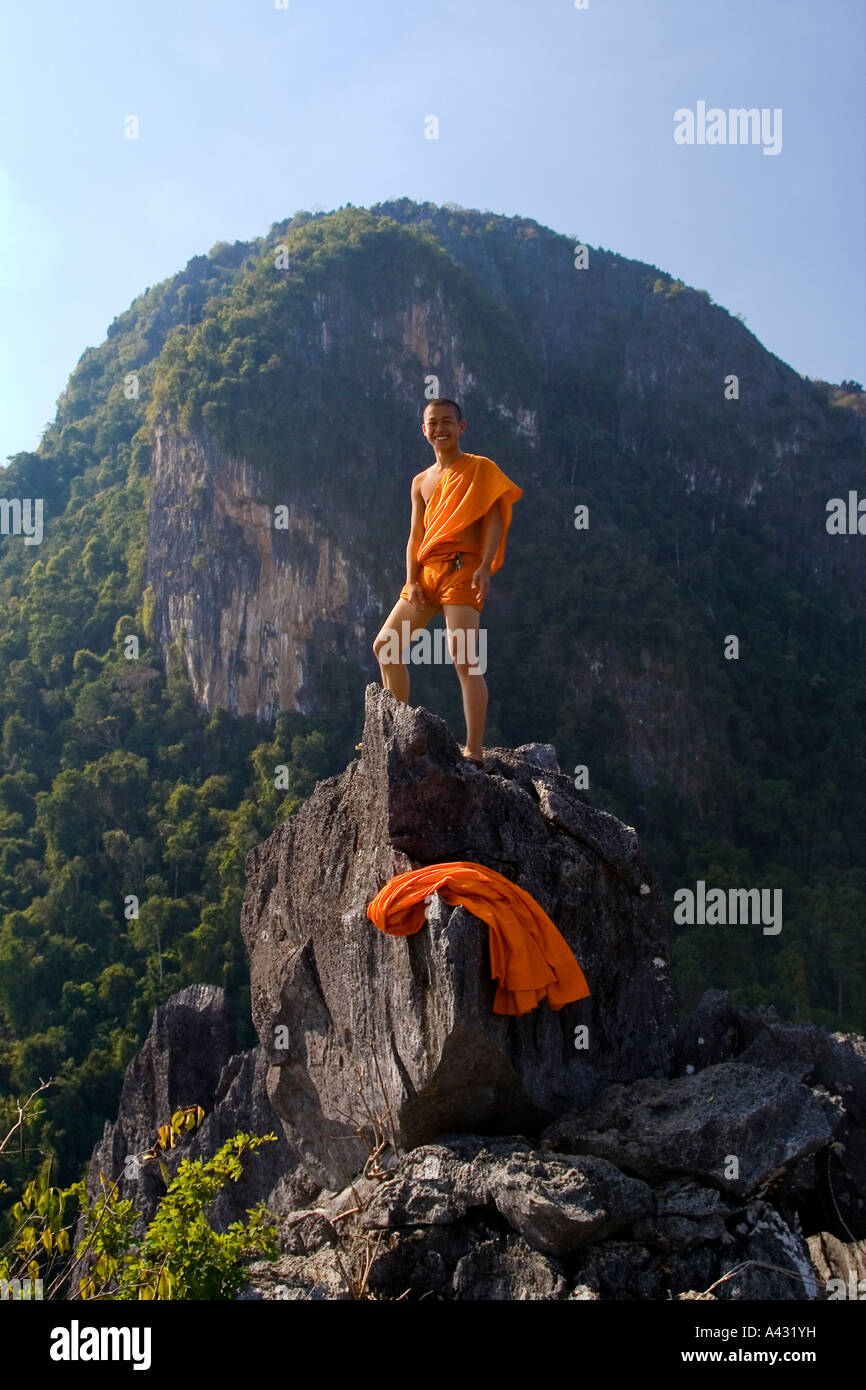 Monk at the top of Pha Poak Phouk Mountain View Vang Vieng Laos Stock ...