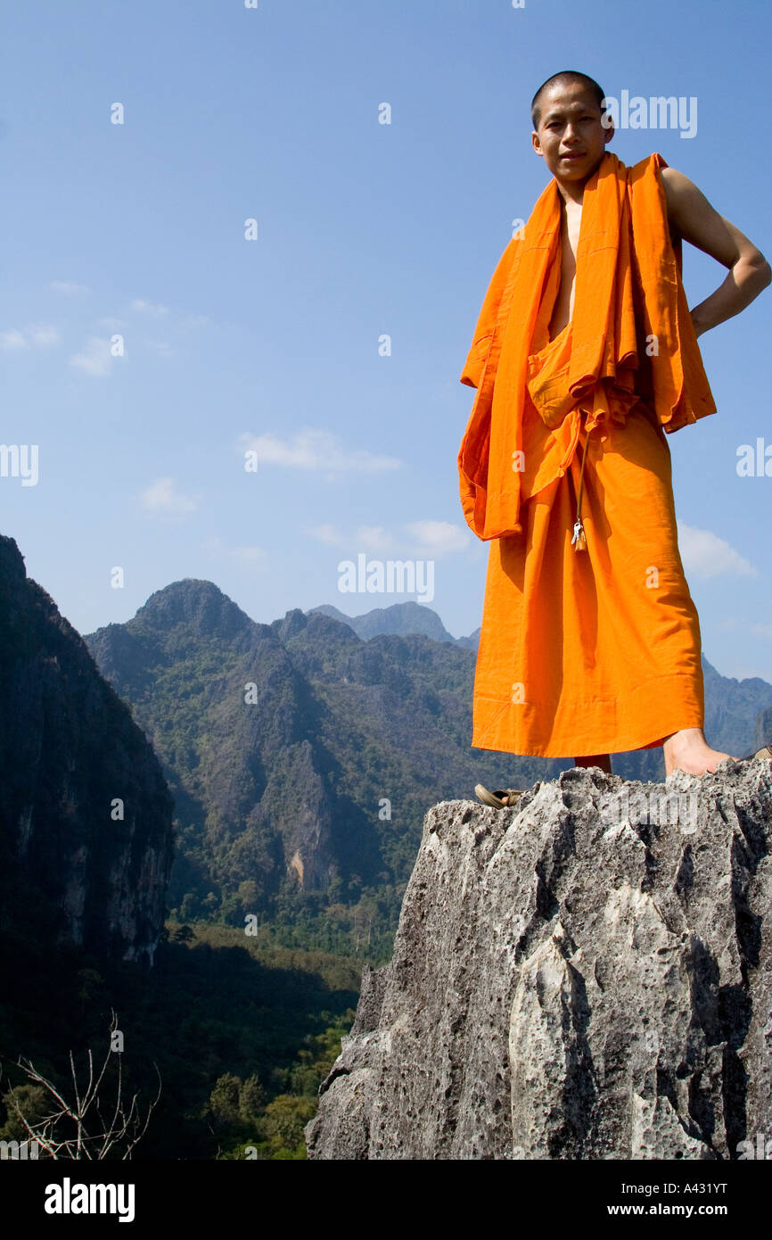 Novice Monk at the top of Pha Poak Phouk Mountain View Vang Vieng Laos ...