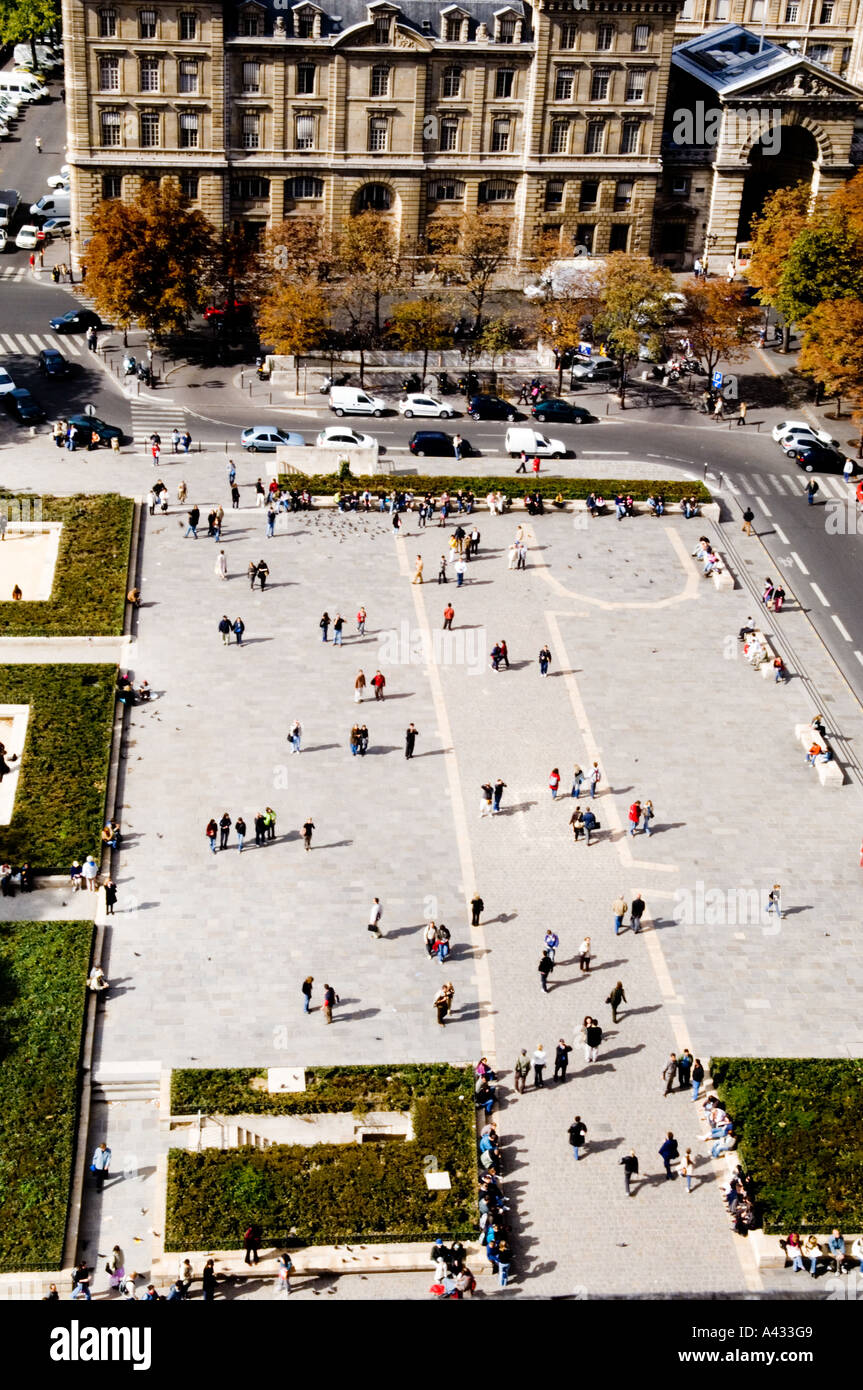 eagle eye view of pedestrians in square in front of cathedral of notre ...