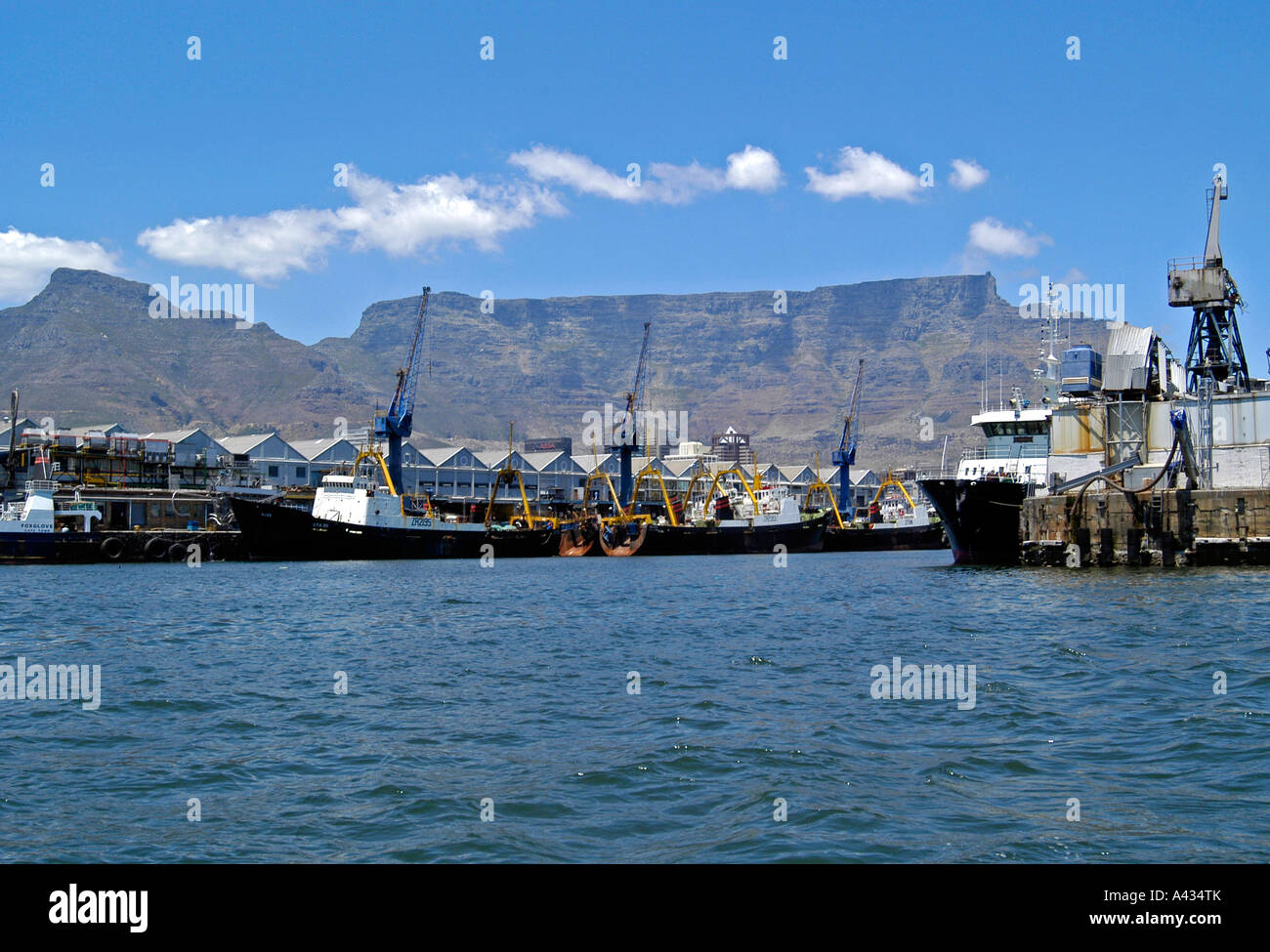View of Table Mountain and harbour from a boat in Table Bay Stock Photo ...