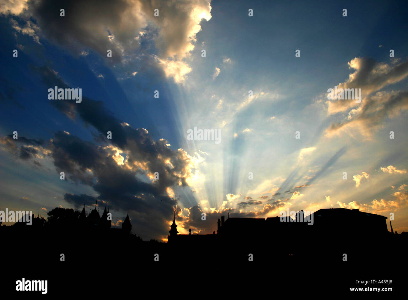 Europe, Geneva, Switzerland, city, skyline, sun, sunset, silhouette ...