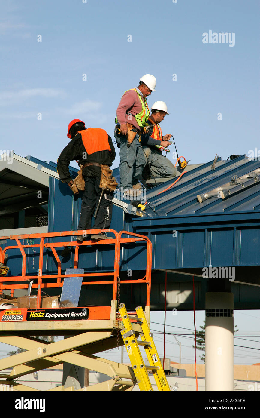 Construction Iron workers aerial platform standing moved place Iron ...