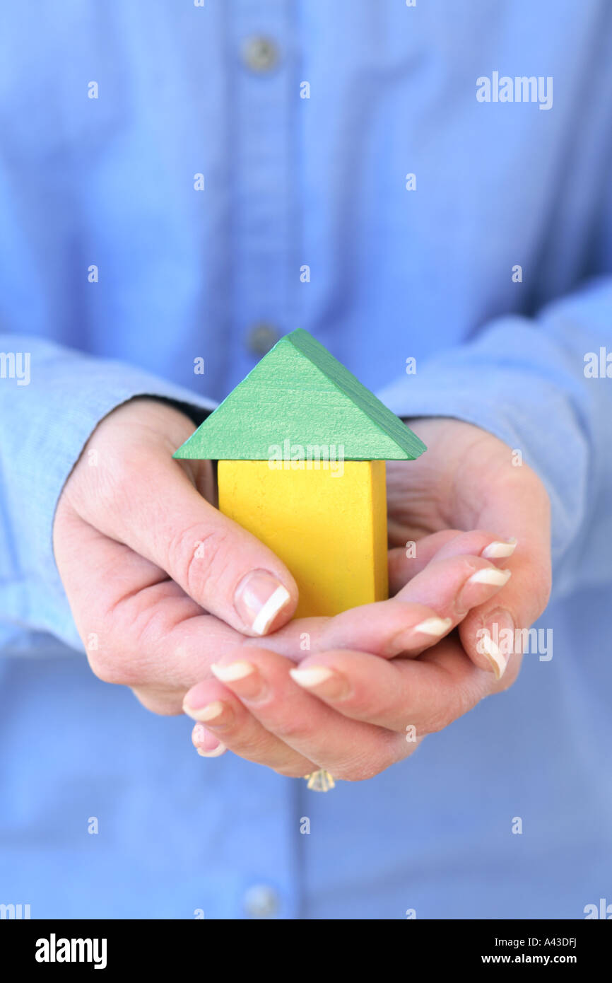 Hands Holding Blocks Shaped like house Stock Photo - Alamy