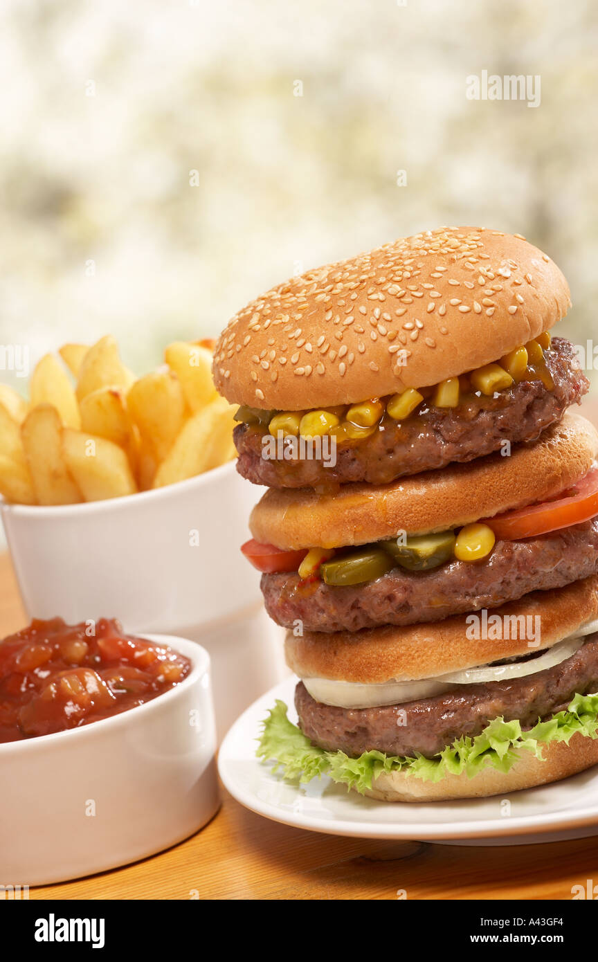 TRIPLE BEEF BURGER WITH TOMATO RELISH PICKLE SALAD ONION RELISH AND ...