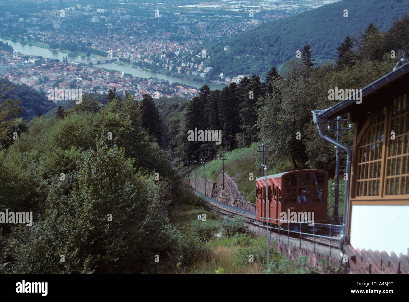 Konigstuhl Bergbahn Funicular railway above Heidelberg and the Neckar ...