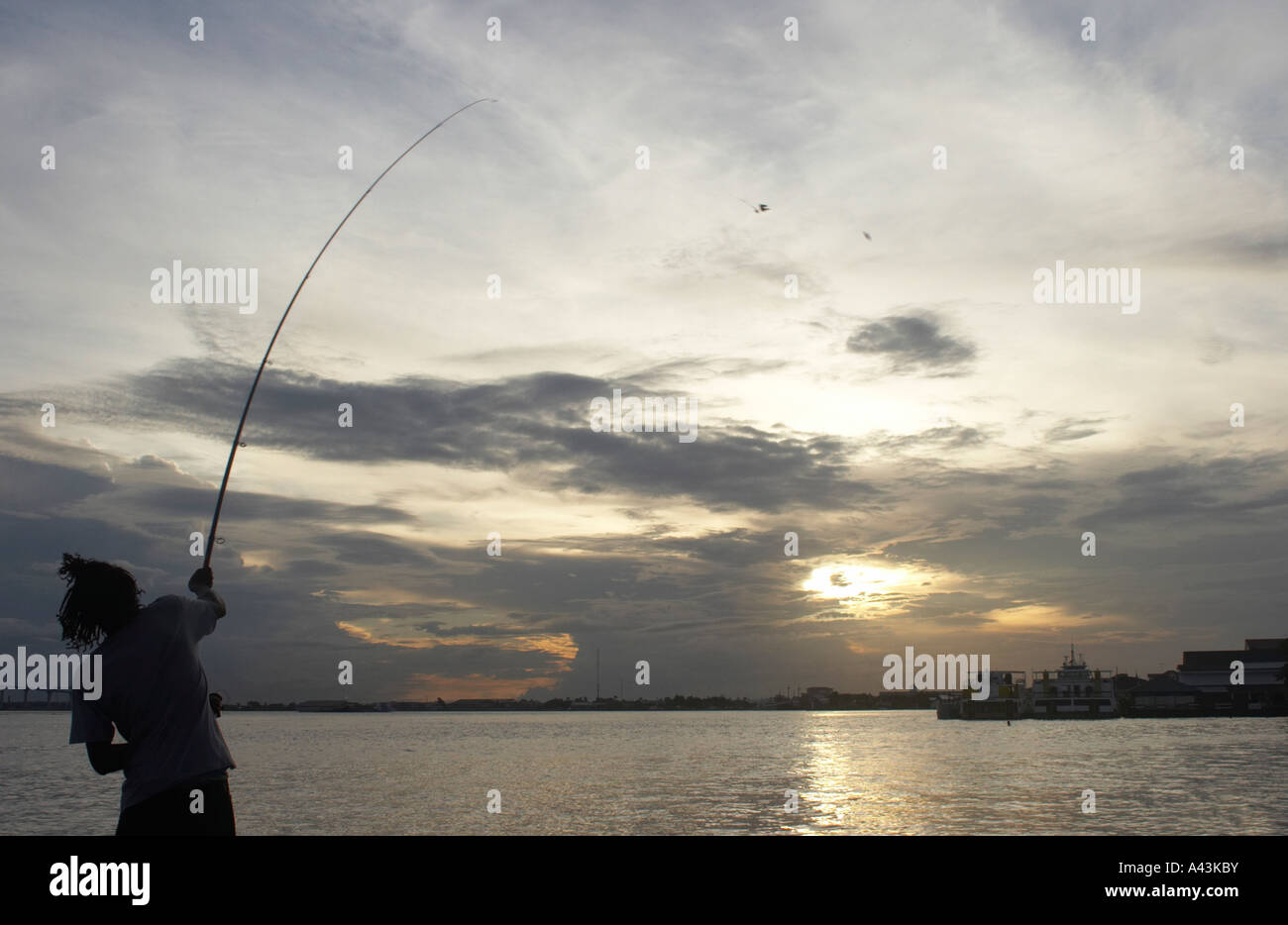 Man fishing from the waterkant on the Suriname River, Paramaribo ...