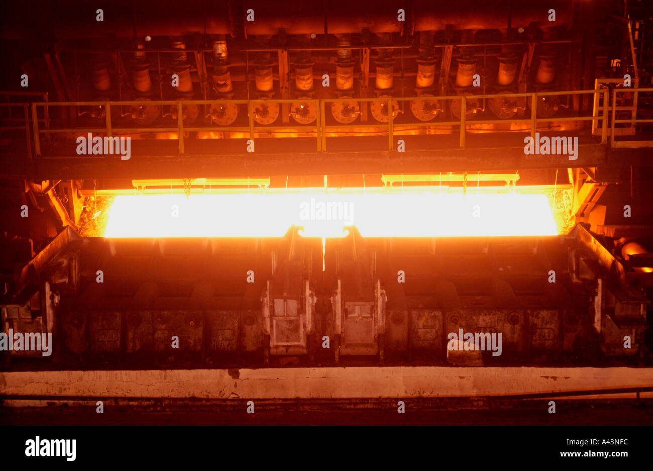 Slab coming out of the reheating furnace on the hot strip mill at Corus ...