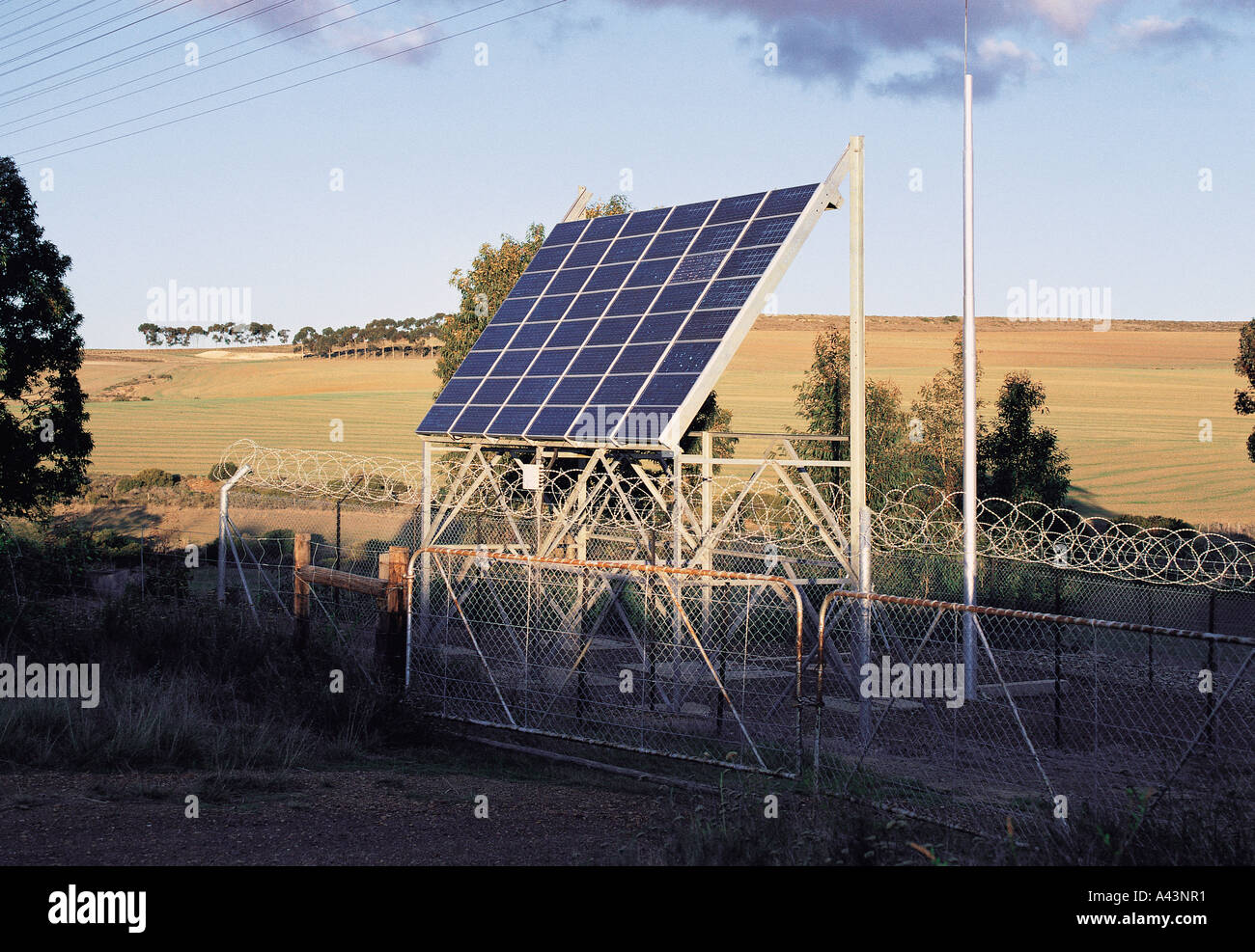 Solar power panel generating electricity for telephone repeater station ...