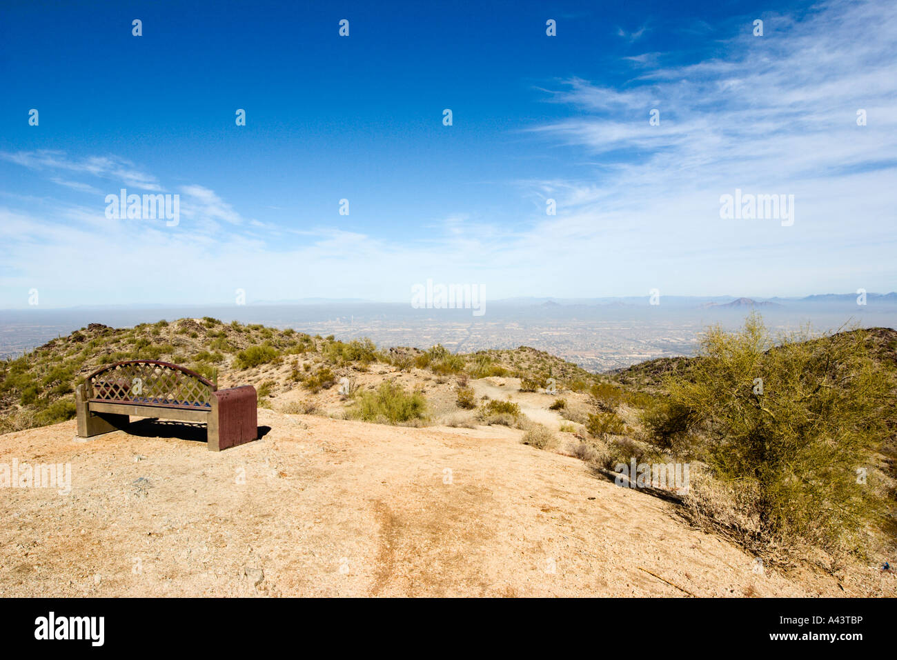 Bench on South Mountain overlook with view of Phoenix, Arizona, USA ...