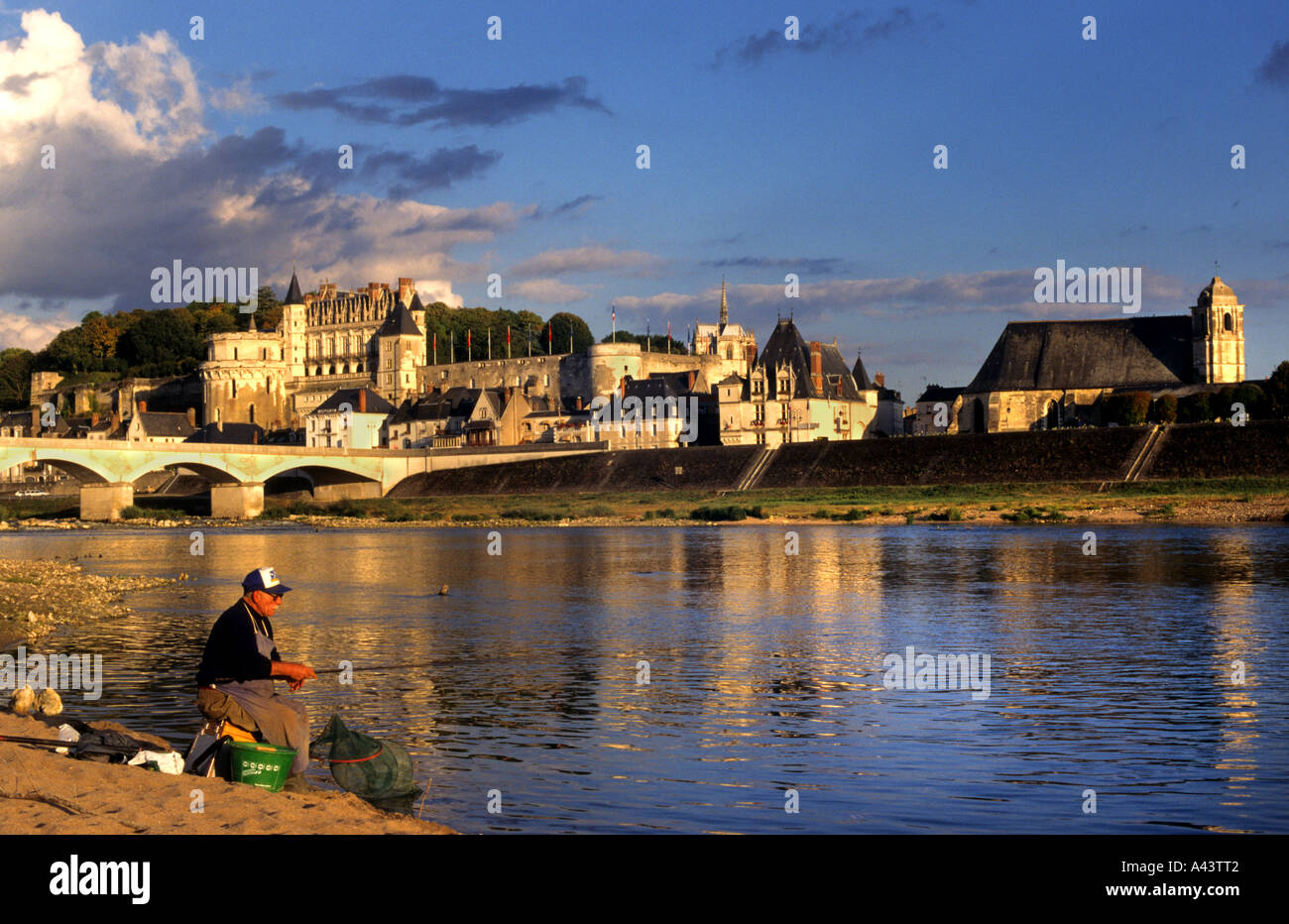 Amboise France French Chateau river Loire castle fishing man fish Stock ...
