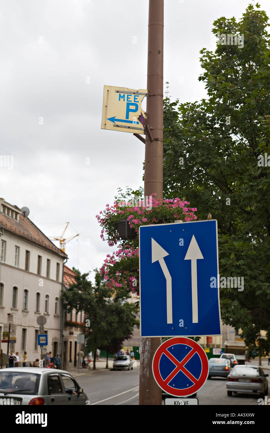 HUNGARY Budapest Directional arrows and traffic signs along street ...