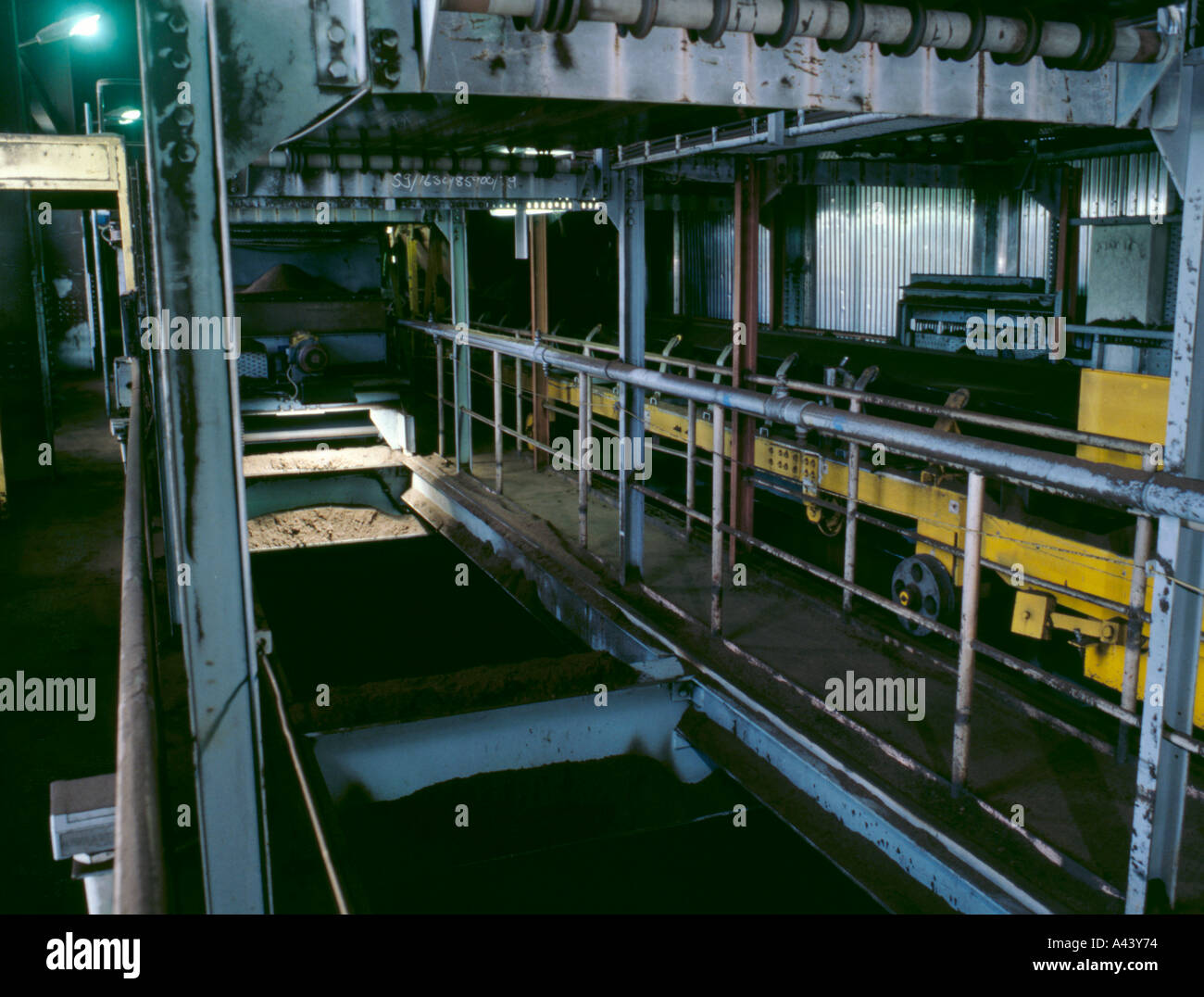 Conveyor above peat silos, interior view of Shannonbridge power station ...